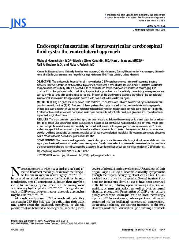 (PDF) Endoscopic fenestration of intraventricular cerebrospinal fluid ...