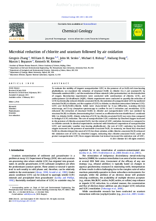 (PDF) Microbial reduction of chlorite and uranium followed by air oxidation