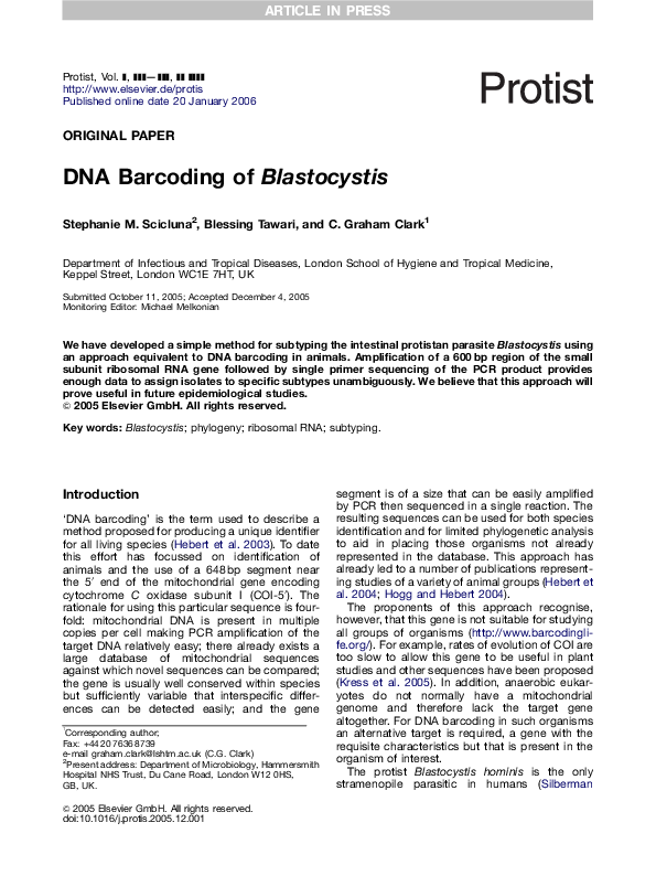 (PDF) DNA Barcoding of Blastocystis