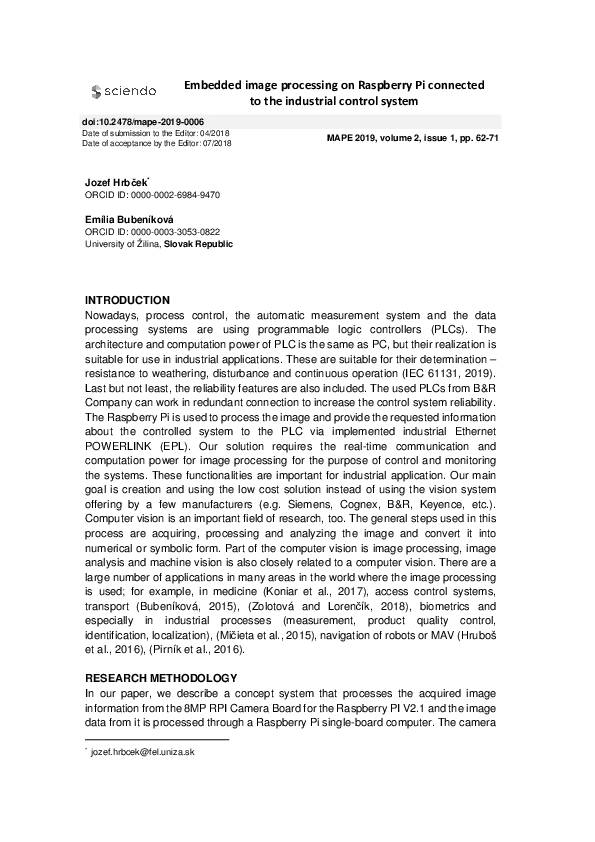 (PDF) Embedded image processing on Raspberry Pi connected to the industrial control system