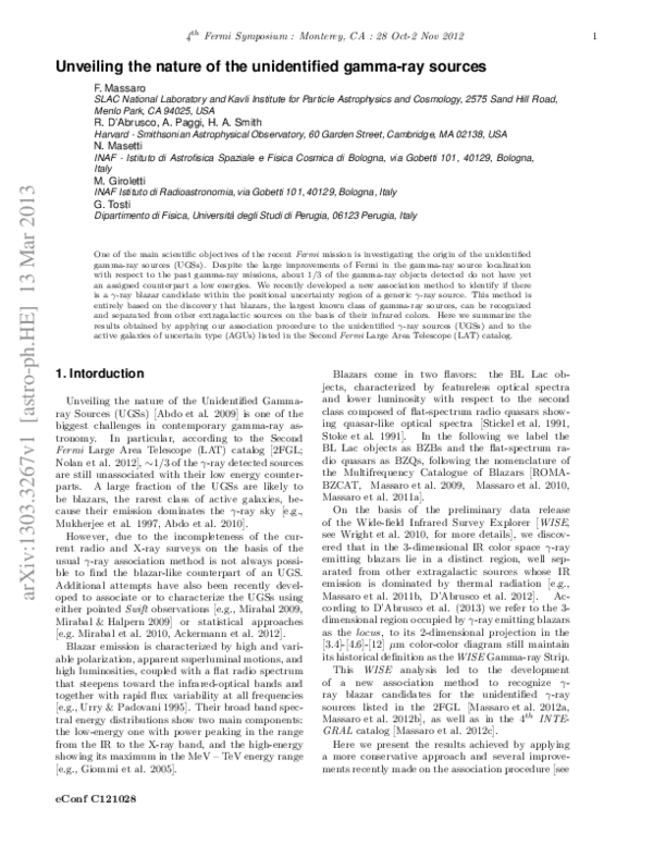 (PDF) Unveiling the Nature of the Unidentified Gamma-ray Sources IV ...