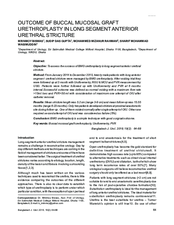 (PDF) Outcome of Buccal Mucosal Graft Urethroplasty in Long Segment ...