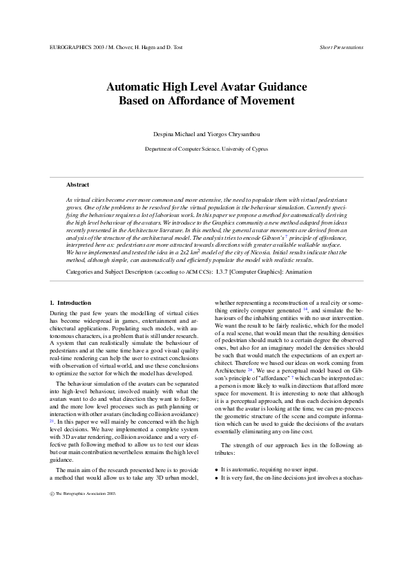 (PDF) Automatic High Level Avatar Guidance Based on Affordance of Movement