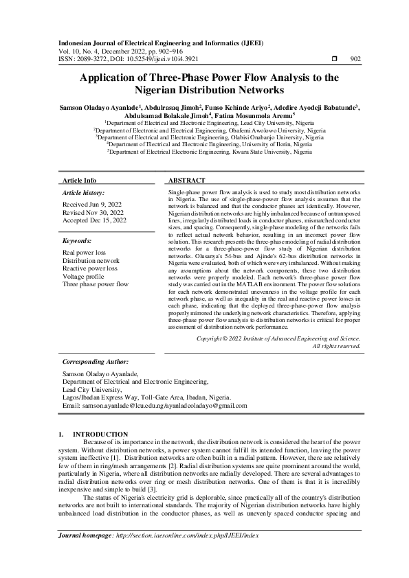Pdf Application Of Three Phase Power Flow Analysis To The Nigerian Distribution Networks