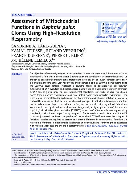 (PDF) Assessment of mitochondrial functions in Daphnia pulex clones ...