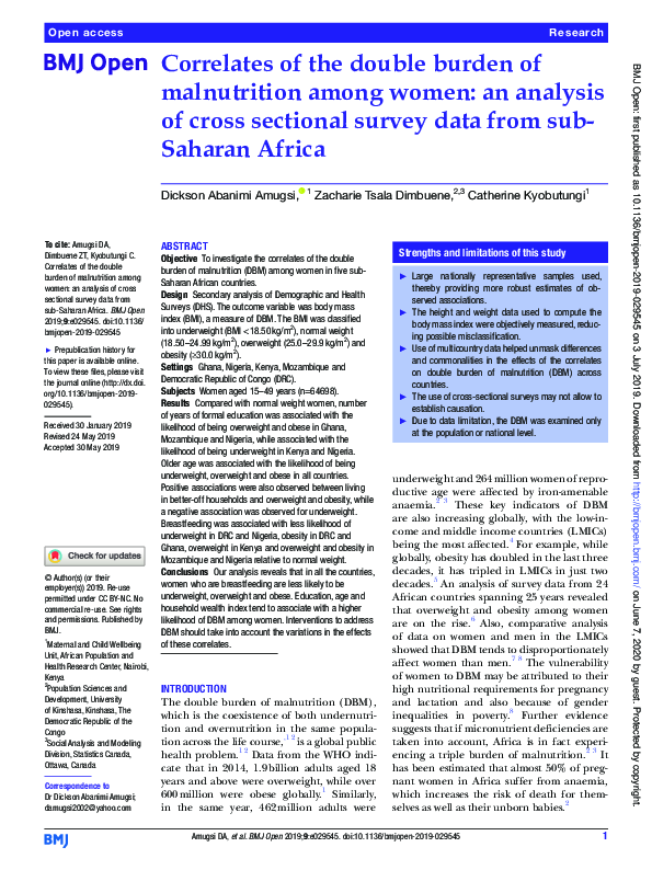 (PDF) Correlates of the double burden of malnutrition among women: an ...