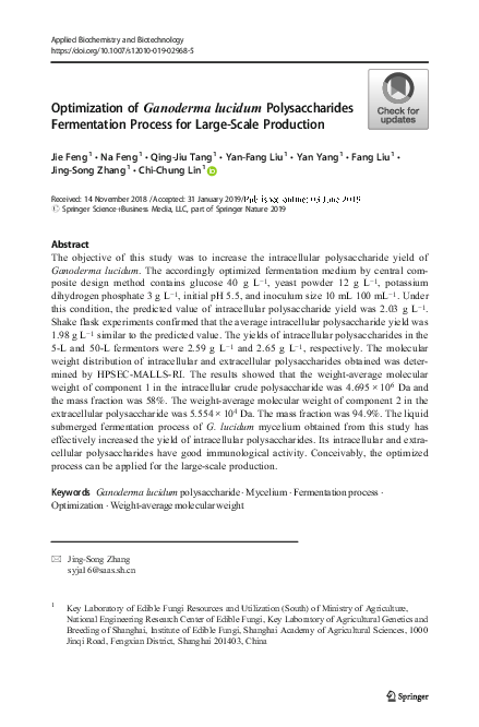 Pdf Optimization Of Ganoderma Lucidum Polysaccharides Fermentation Process For Large Scale