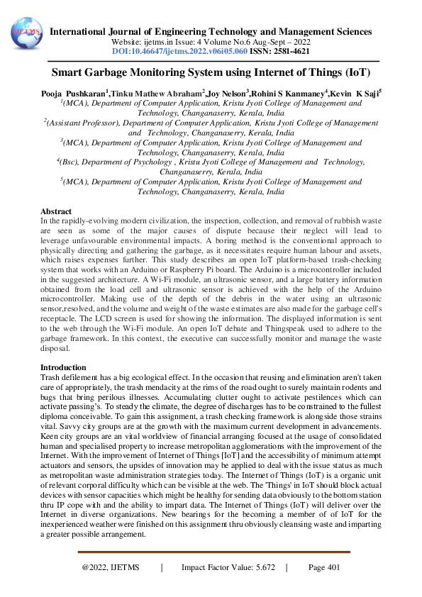 Pdf Smart Garbage Monitoring System Using Internet Of Things Iot