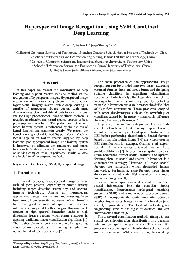 Pdf Hyperspectral Image Recognition Using Svm Combined Deep Learning