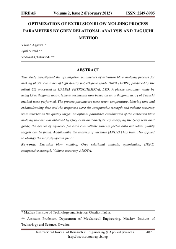 Pdf Optimization Of Extrusion Blow Molding Processes Using Soft Computing And Taguchis Method