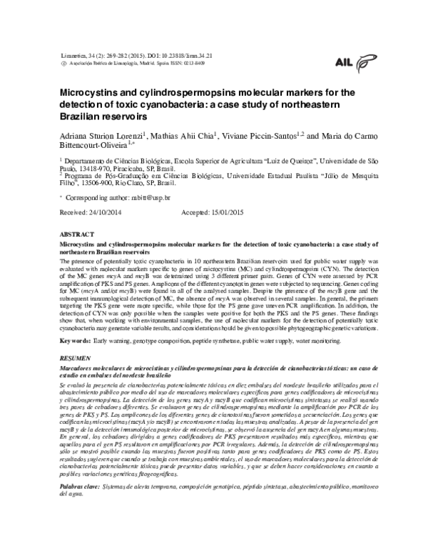 (PDF) Microcystins and cylindrospermopsins molecular markers for the ...