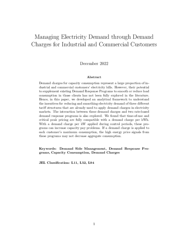 (PDF) Managing Electricity Demand through Demand Charges for Industrial ...