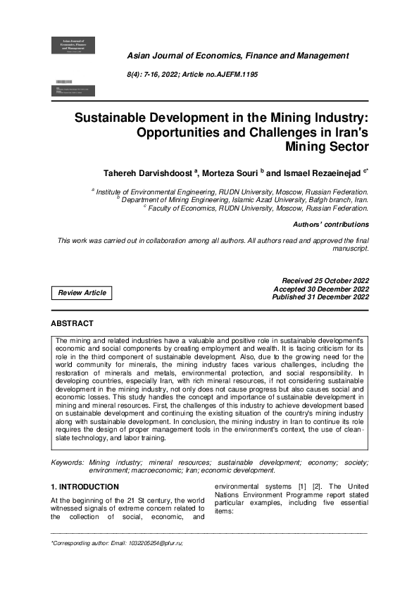 (PDF) Sustainable Development in the Mining Industry: Opportunities and ...