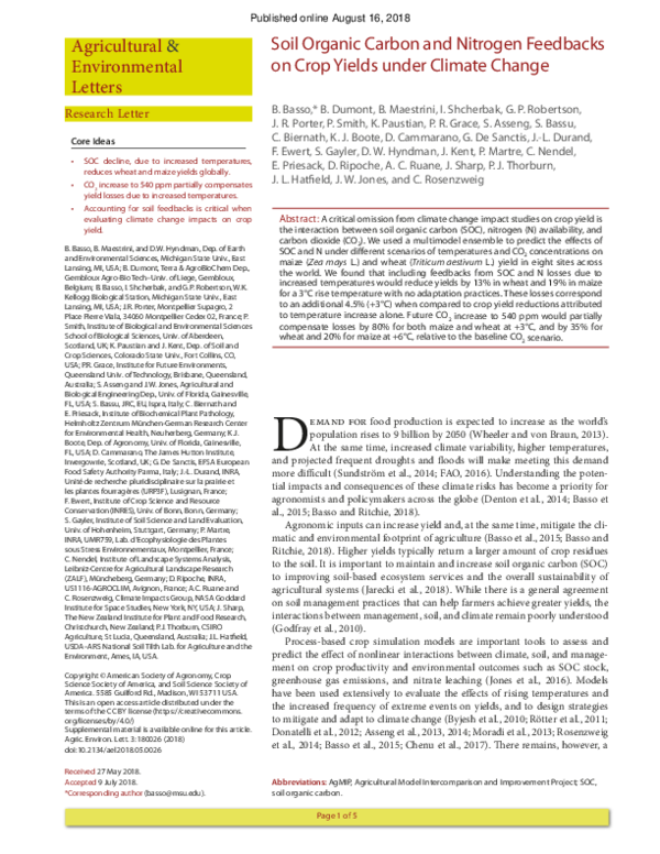 (PDF) Soil Organic Carbon and Nitrogen Feedbacks on Crop Yields under Climate Change