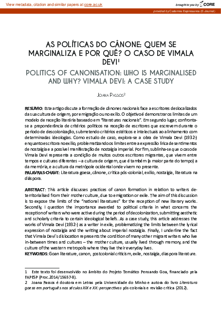(PDF) Politics of Canonisation: Who is Marginalised and Why? Vimala Devi: A Case Study