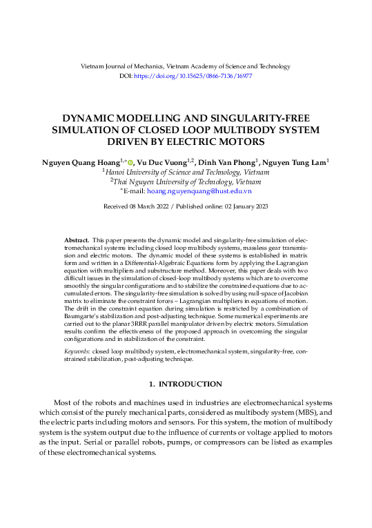 Pdf Dynamic Modelling And Singularity Free Simulation Of Closed Loop Multibody System Driven 