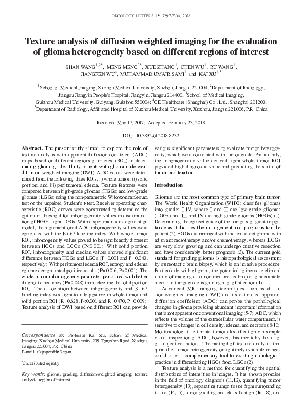 (PDF) Texture analysis of diffusion weighted imaging for the evaluation of glioma heterogeneity ...