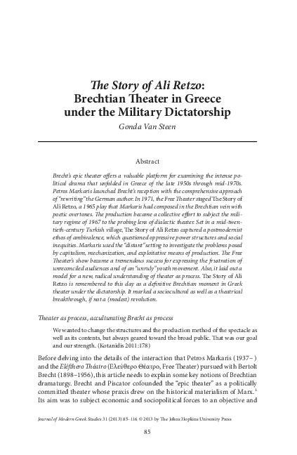 (PDF) The Story of Ali Retzo : Brechtian Theater in Greece under the ...