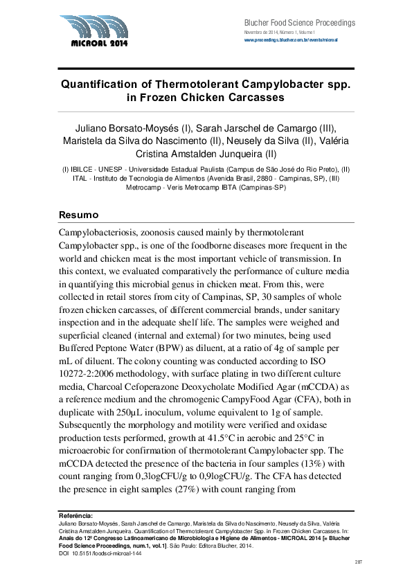 (PDF) Quantification of Thermotolerant Campylobacter Spp. in Frozen Chicken Carcasses