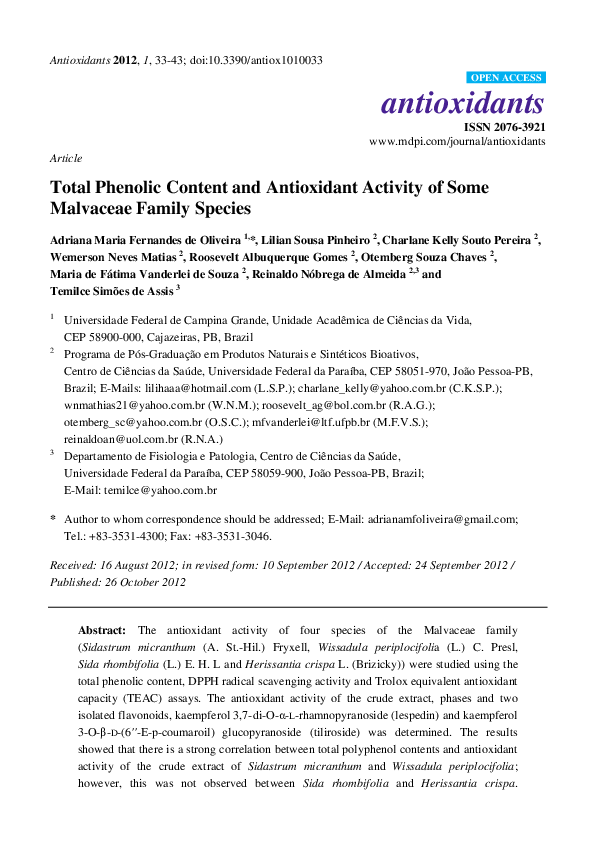 (PDF) Total Phenolic Content and Antioxidant Activity of Some Malvaceae Family Species