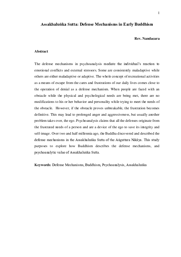 (PDF) Assakhaluṅka Sutta: Defense Mechanisms in Early Buddhism
