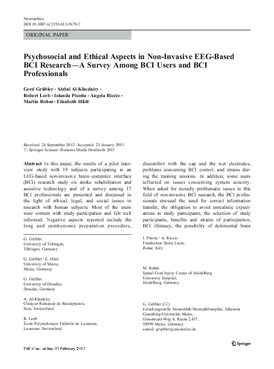 (PDF) Ethical and Psychosocial Insights from EEG-Based BCI Research