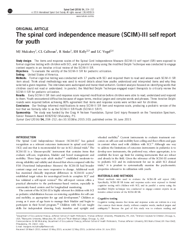 (PDF) The spinal cord independence measure (SCIM)-III self report for youth | Rebecca Sinko ...