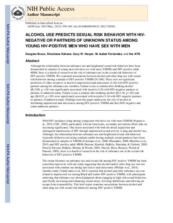 Pdf Alcohol Use Predicts Sexual Risk Behavior With Hiv Negative Or 2997