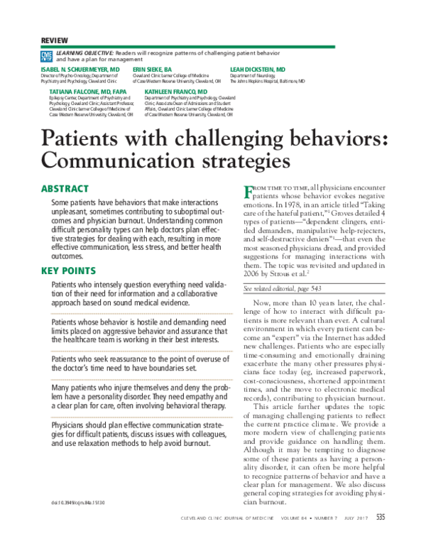 (PDF) Patients with challenging behaviors: Communication strategies ...