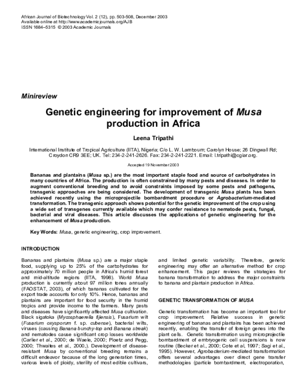 (PDF) Minireview - Genetic engineering for improvement of Musa production in Africa