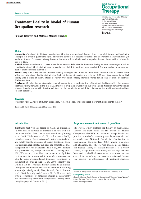(PDF) Treatment fidelity in Model of Human Occupation research