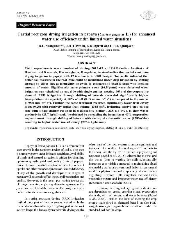 Pdf Partial Root Zone Drying Irrigation In Papaya Carica Papaya L