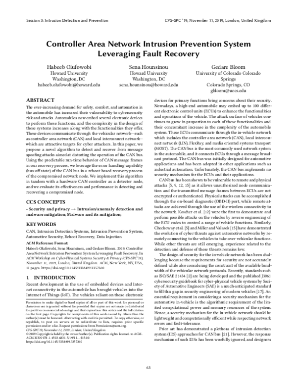 (PDF) Controller Area Network Intrusion Prevention System Leveraging Fault Recovery