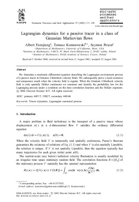 Pdf Lagrangian Dynamics For A Passive Tracer In A Class Of Gaussian Markovian Flows