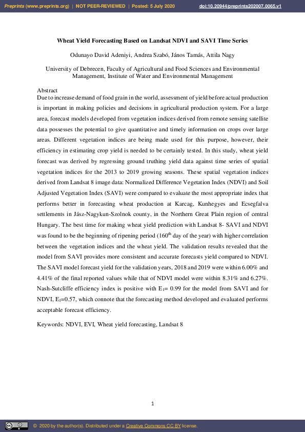 Pdf Wheat Yield Forecasting Based On Landsat Ndvi And Savi Time Series