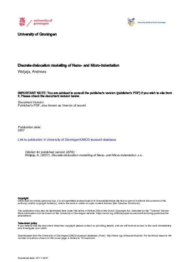 Pdf Discrete Dislocation Modelling Of Nano And Micro Indentation