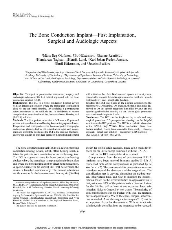 (PDF) The Bone Conduction Implant—First Implantation, Surgical and ...