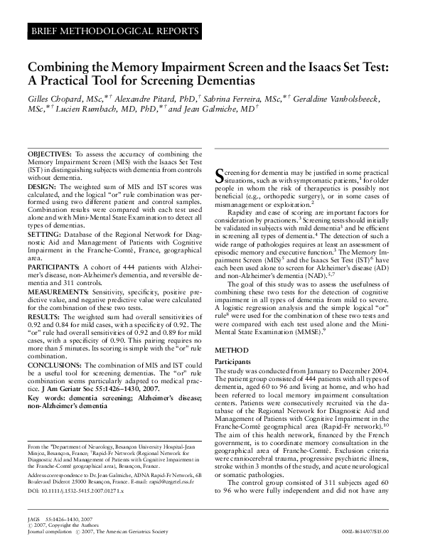 (PDF) Combining the Memory Impairment Screen and the Isaacs Set Test: A ...