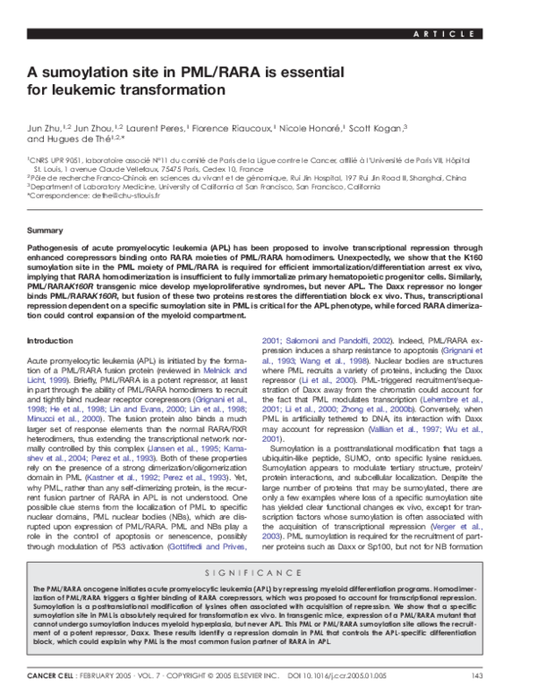 (PDF) A sumoylation site in PML/RARA is essential for leukemic ...