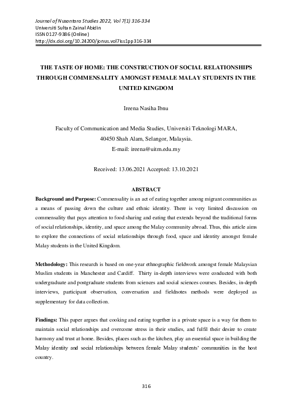 (PDF) The Taste of Home: The Construction of Social Relationships Through Commensality Amongst ...