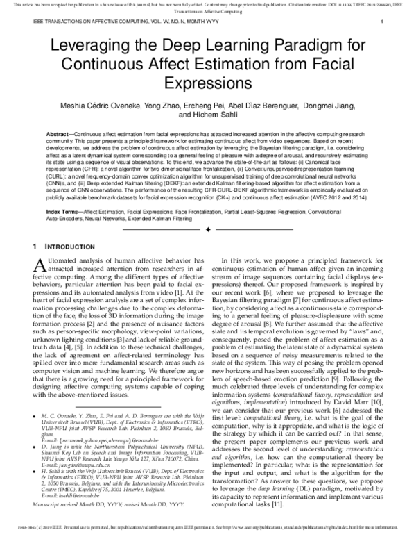 (PDF) Leveraging the Deep Learning Paradigm for Continuous Affect Estimation from Facial Expressions