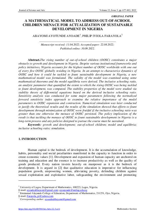 (PDF) A Mathematical Model to Address Out-Of-School Children Menace for ...