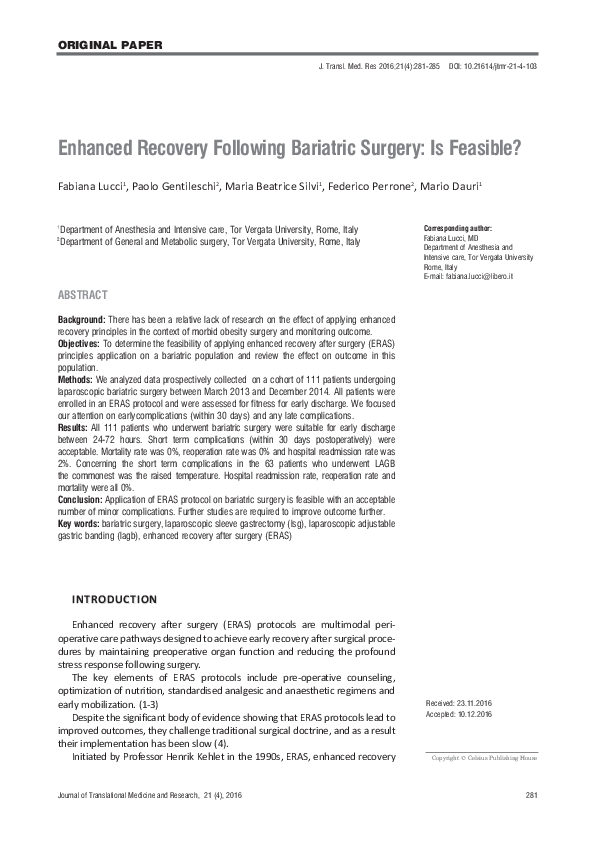 (PDF) Enhanced Recovery Following Bariatric Surgery: Is Feasible?