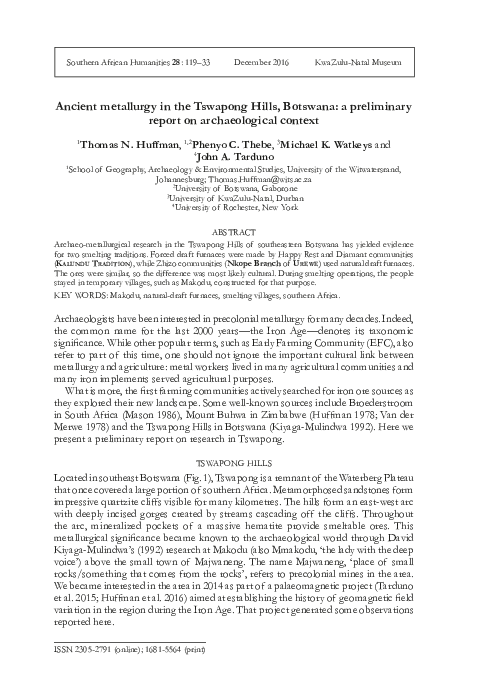 (PDF) Ancient metallurgy in the Tswapong Hills, Botswana: a preliminary ...