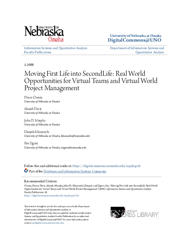 (PDF) Real-World Opportunities for Virtual- World Project Management