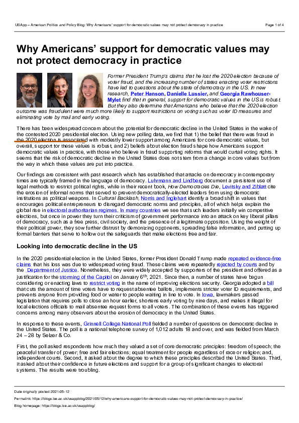 (PDF) Why Americans’ support for democratic values may not protect ...