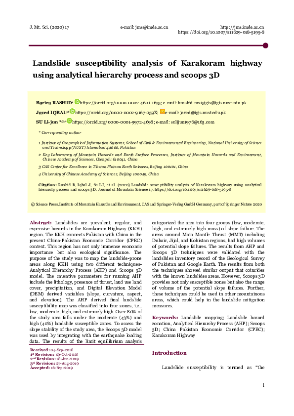 Pdf Landslide Susceptibility Analysis Of Karakoram Highway Using
