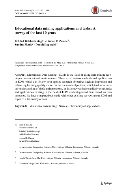 (PDF) Educational data mining applications and tasks: A survey of the last 10 years