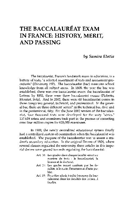 (PDF) The Baccalauréat Exam in France: History, Merit, and Passing