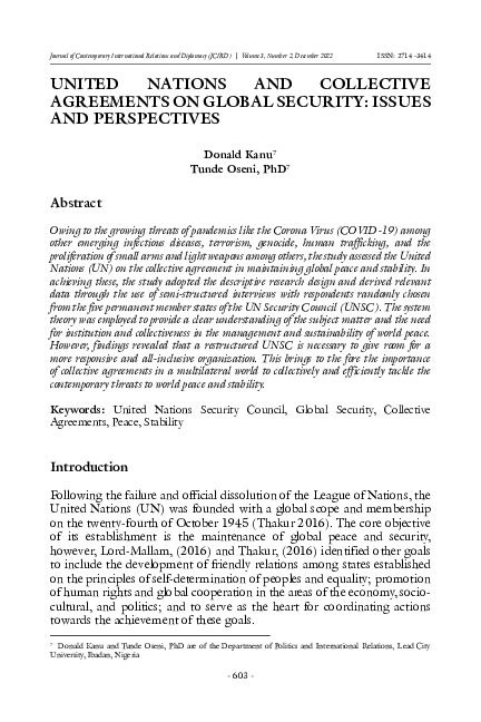 (PDF) UNITED NATIONS AND COLLECTIVE AGREEMENTS ON GLOBAL SECURITY ...